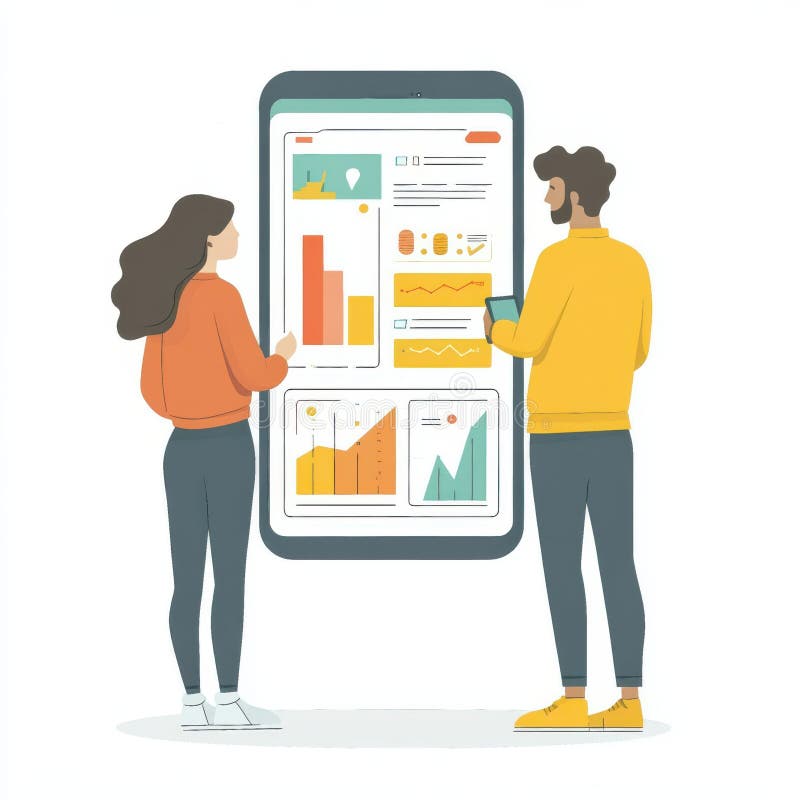 Business Partners Analyzing Data on a Large Phone Screen Data ...