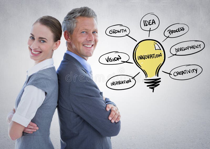 Business Partners Back To Back with Lightbulb Doodles Against White ...