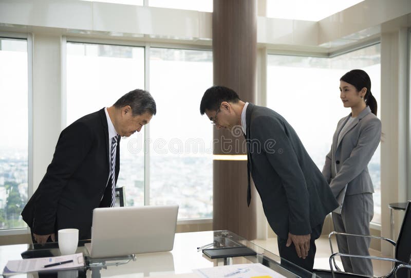 Business Partners Introduction Handshake Bow Concept Stock Photo ...