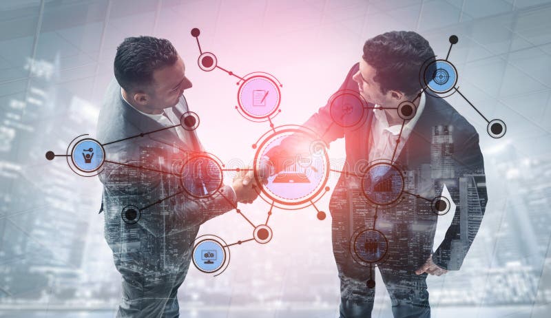 Business Partners Shaking Hands with Digital Network Visualization ...