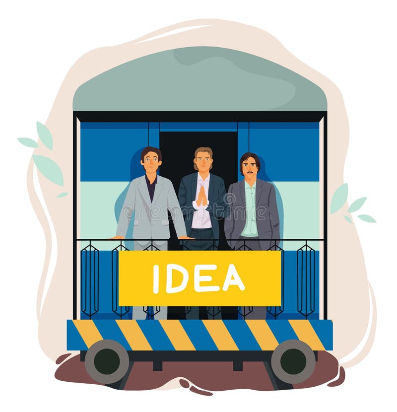 Three Men in a Train Car with Idea Poster. Flat Design Illustration ...