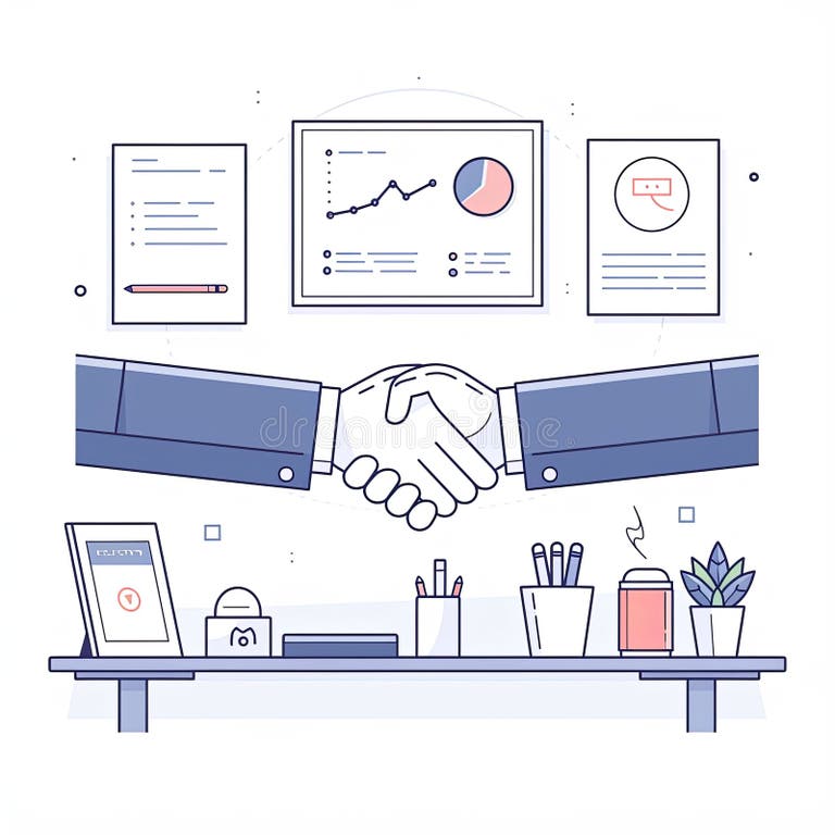 Business Partnership Illustrated by a Handshake and Work Documents ...