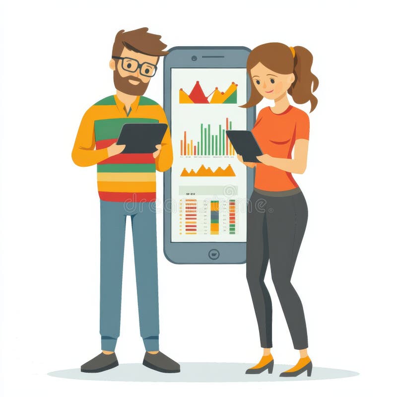 Business People Analyzing Data on a Large Smartphone Screen Using ...