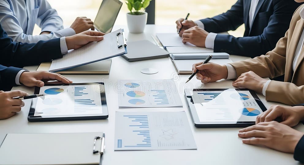 Business People Analyzing Data and Reports in Meeting with Tablets ...