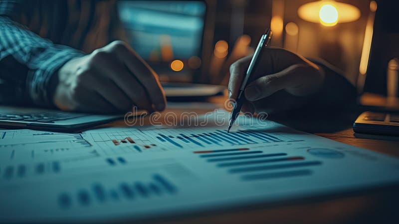 Business People Analyzing Financial Data at Night. Concept of Teamwork ...