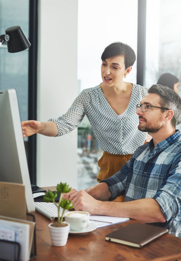 Business, People and Assistant with Pointing at Computer for Helping ...