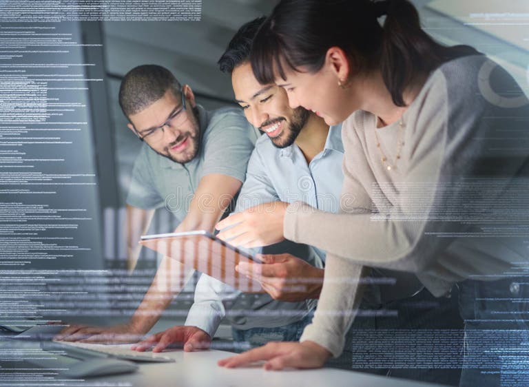 Business People, Coding Overlay and Information Technology with Tablet ...