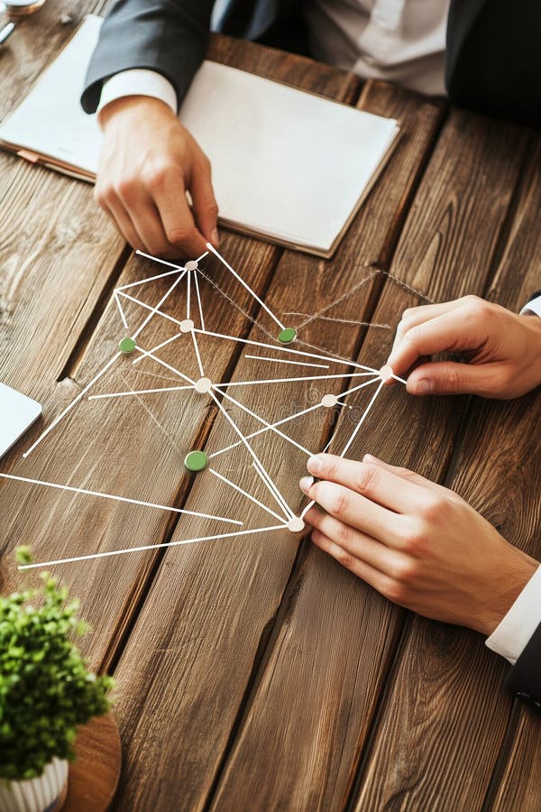 Business People Connecting Dots on Wooden Table with Network ...