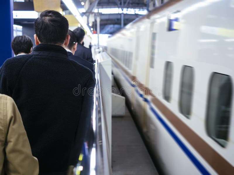 Business People Commuters Queue on Train Platform Japan Transportation ...