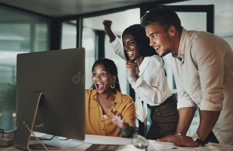 Business People, Computer and Celebration in Office for Feedback ...