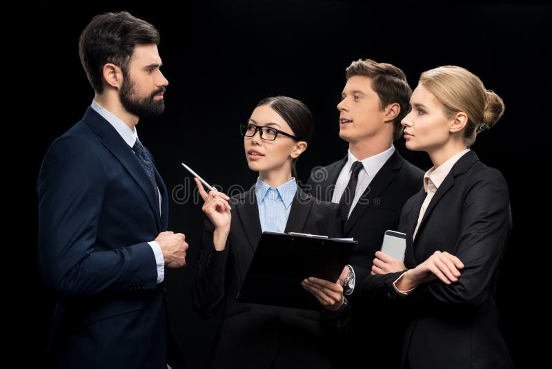 Business People Connecting and Standing in Studio Isolated on Black ...