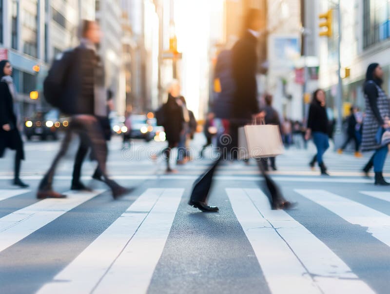 Business People Crossing the Street at at a Large Intersection, Blurred ...