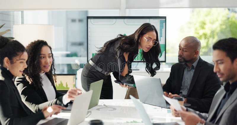 Business People, Data Analytics and Meeting Teamwork, Collaboration or Manager Support on Tablet ...