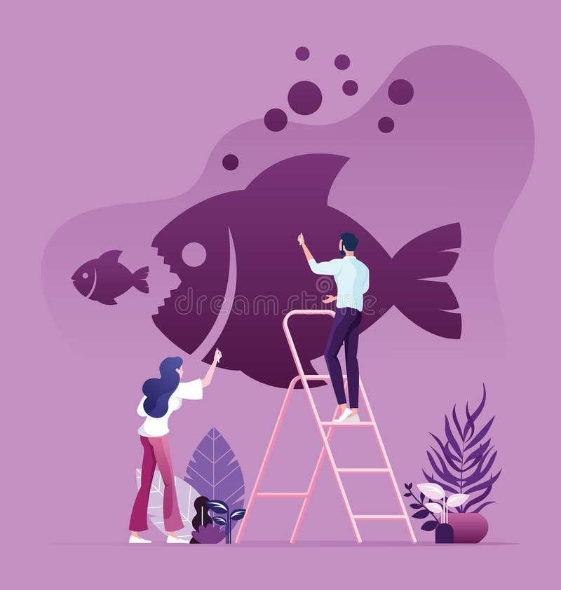 Business People Drawing Big Fish Eat Small Fish on the Wall Stock ...