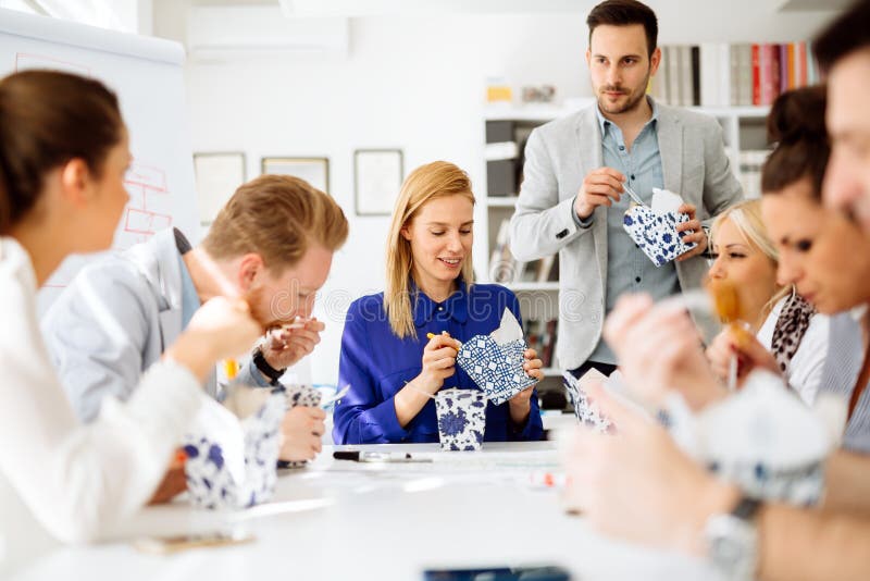 Business People Eating in Office Stock Photo - Image of food, smiling ...