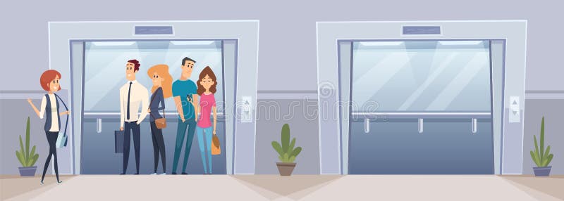 Business People in Elevator. Open and Closed Elevators in Office ...