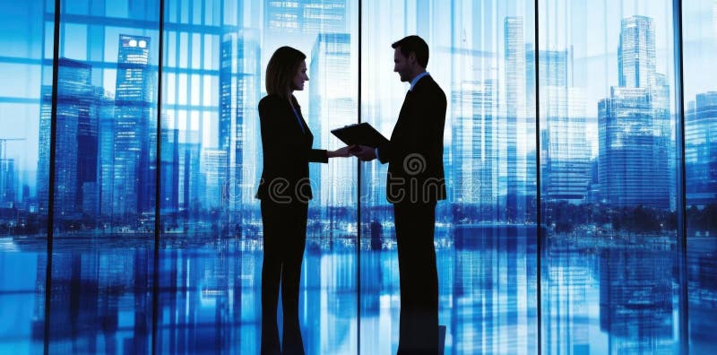 Business People Exchange Documents with City Skyscraper Concept ...