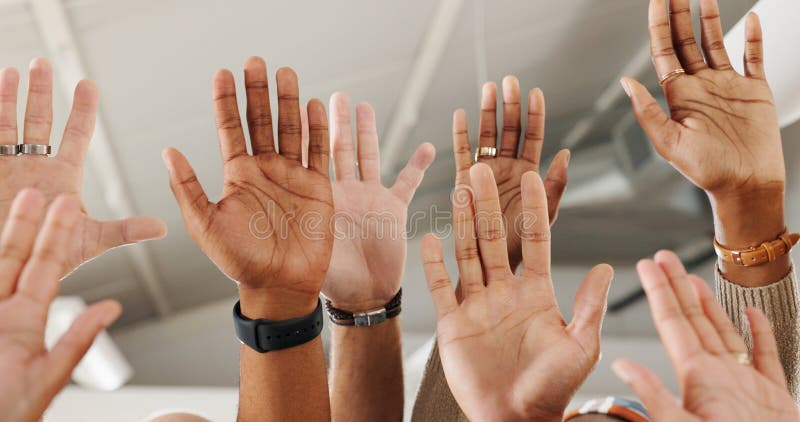 Business People, Group and Hands Raised for Question in Closeup with ...