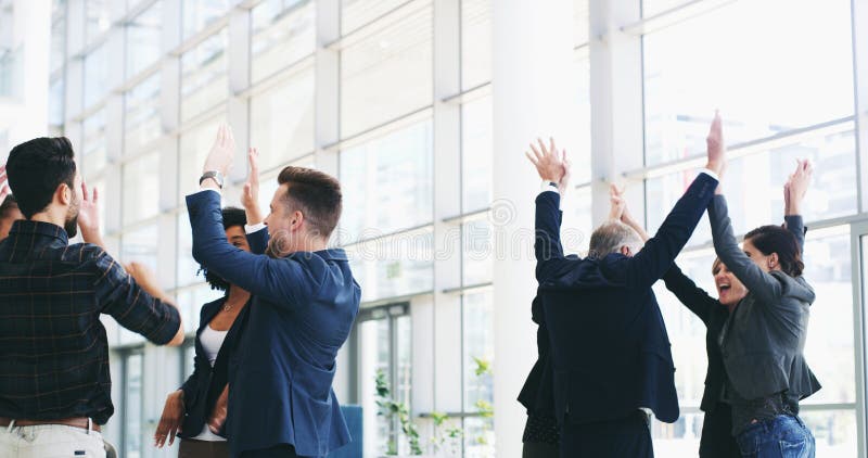 Business People, Group High Five and Celebration for Conference ...