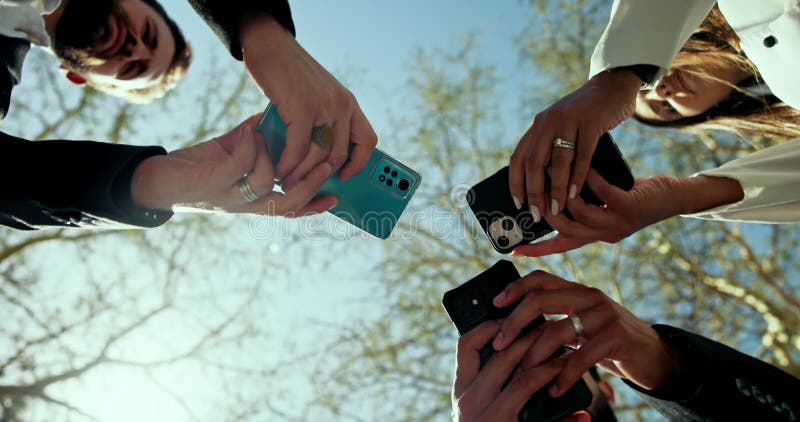 Business People, Hands or Network with Phone Below for Data Sync ...