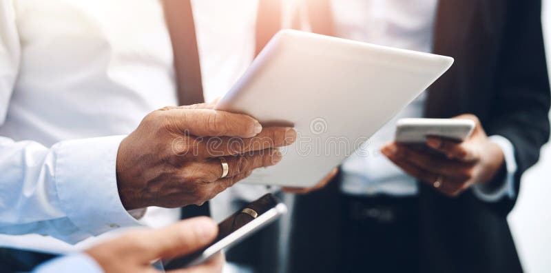 Business People, Hands and Technology with Tablet, Smartphone and ...