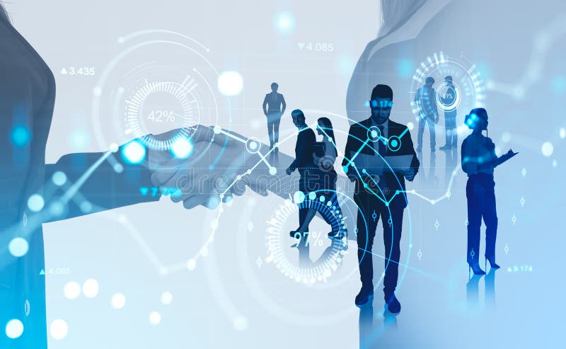 Business People Handshake, Digital Business Data Chart with Percentage ...