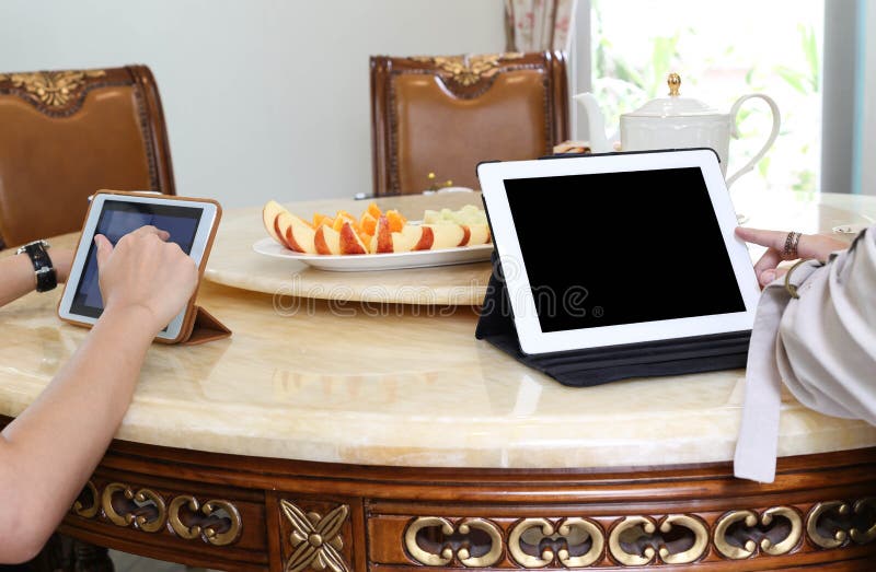 Business People Having Lunch and Work with Ipad Tea and Fresh Fr Stock ...