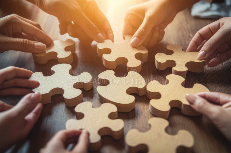Business People Joining Puzzle Pieces on a Wooden Table Stock ...