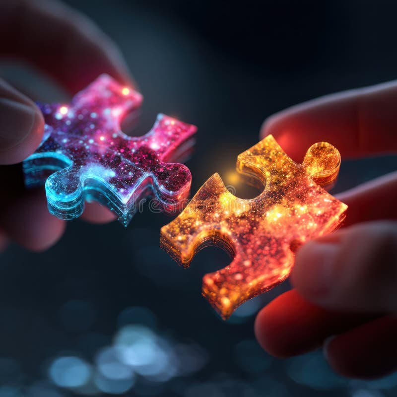 Business People Joining Two Glowing Puzzle Pieces, Teamwork and ...