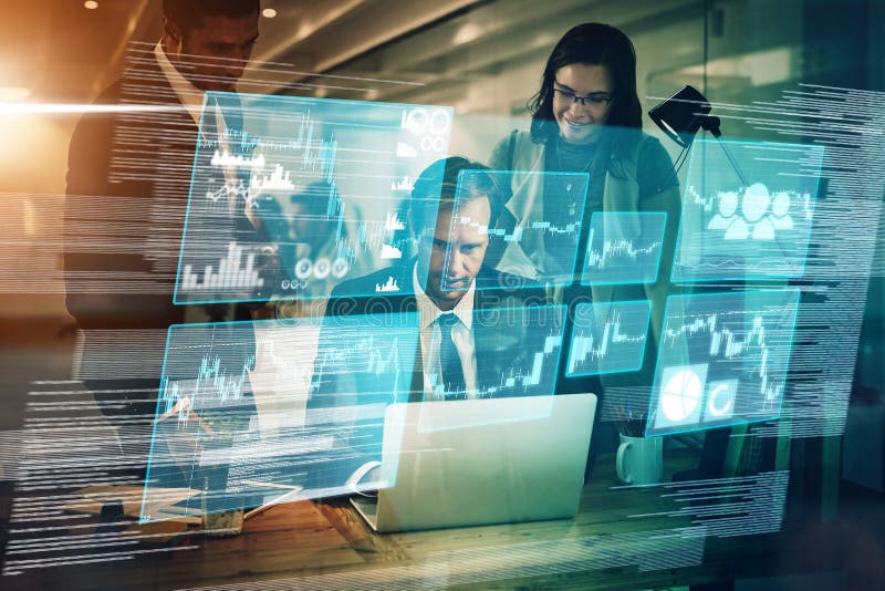 Business People, Laptop or 3D Networking Abstract in Night Office with Digital Marketing ...