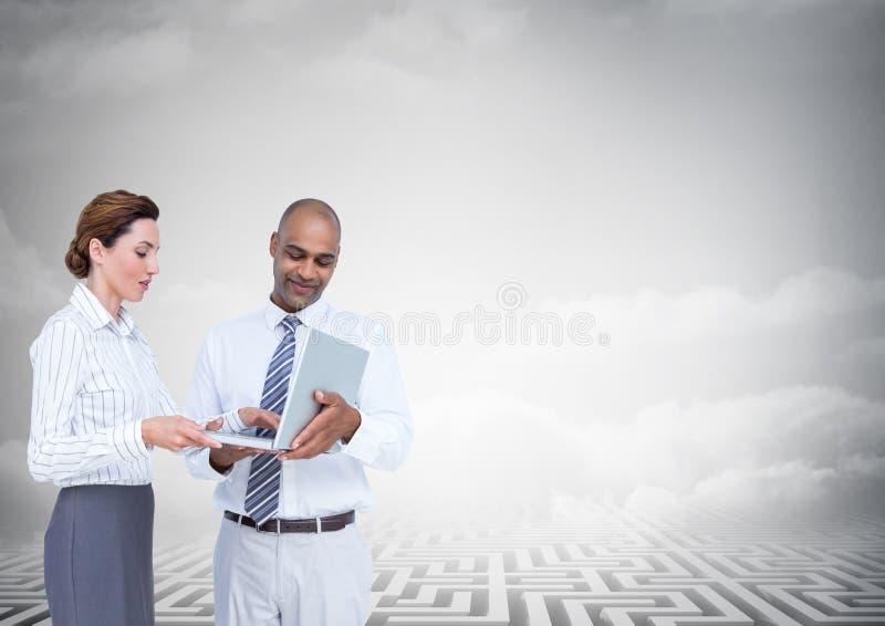 Business People with Laptop Under Grey Sky Stock Photo - Image of happy ...