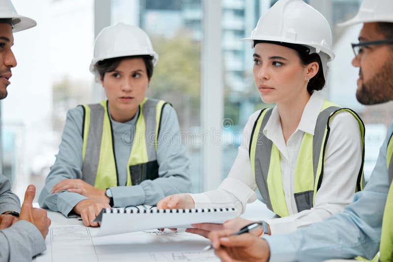 Business People, Meeting and Construction with Documents for Industrial ...