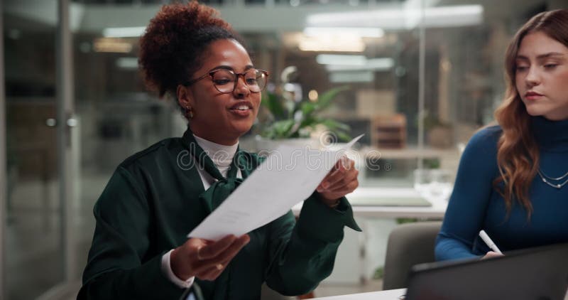 Business People, Meeting and Night with Documents for Statistics ...