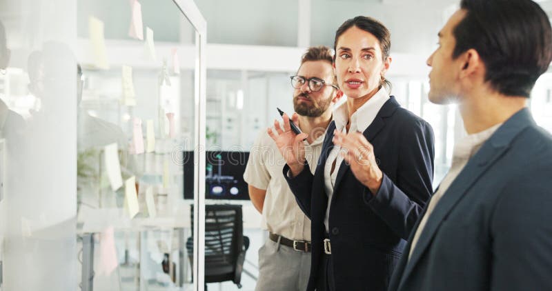 Business, People and Meeting with Notes on Glass for Planning, Schedule ...