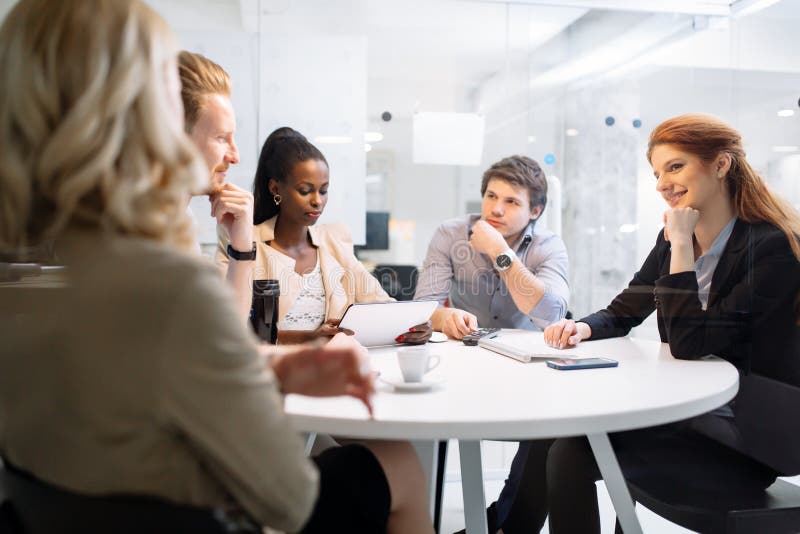 Business People Meeting at Round Table Stock Image - Image of happy ...