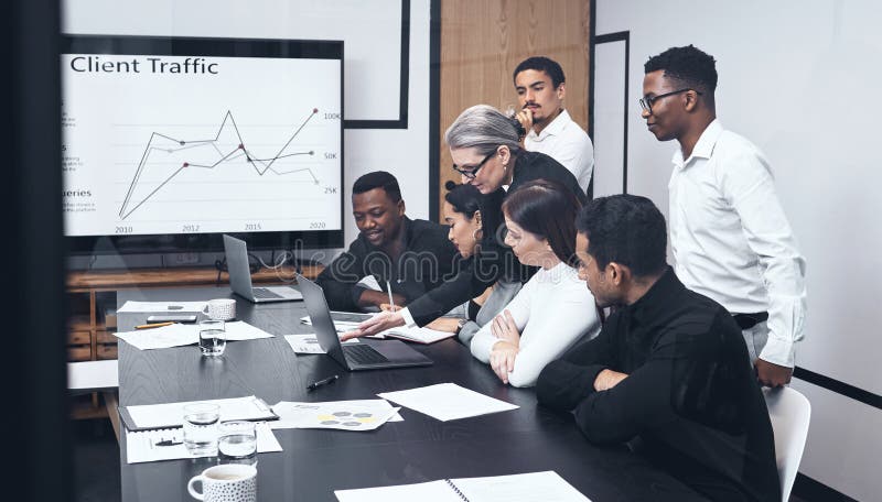 Business People, Meeting or Screen Graph Presentation with Laptop in ...