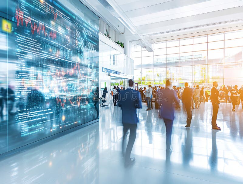 Business People Networking in Modern Office with Digital Data Wall ...