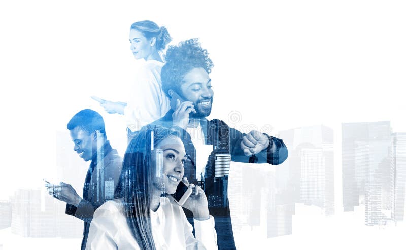 Business People Networking Using Smartphone, Cityscape Silhouette Stock ...