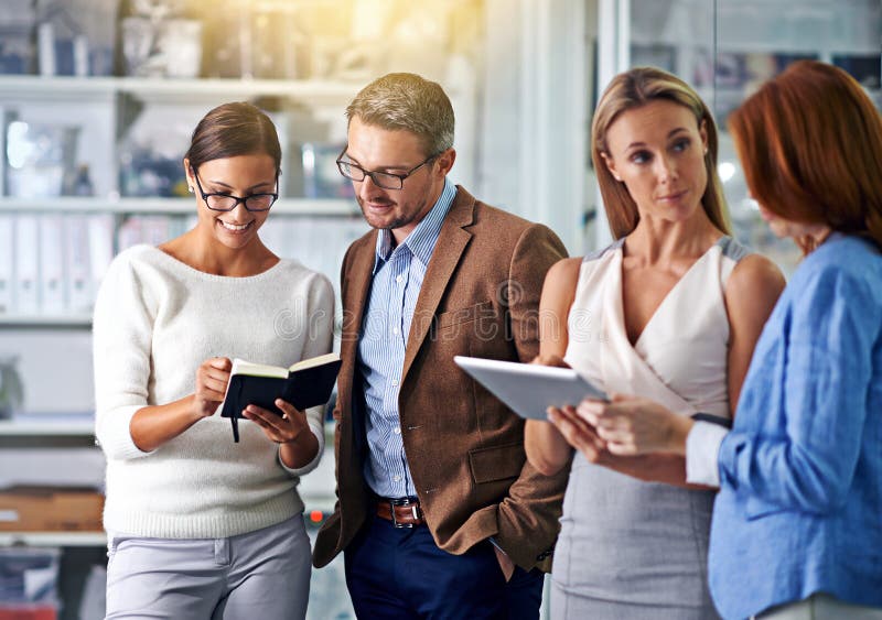 Business People, Notebook and Team with Tablet for Research ...