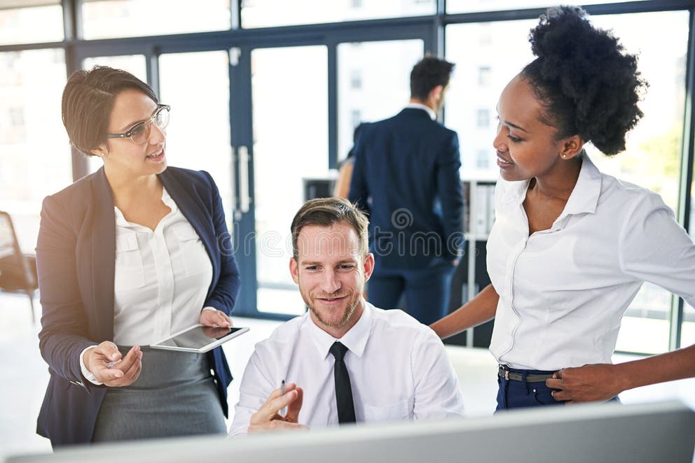 Business, People and Office in Conversation with Computer for Teamwork ...