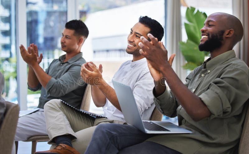 Business People, Presentation and Happy Crowd with Applause for Support ...