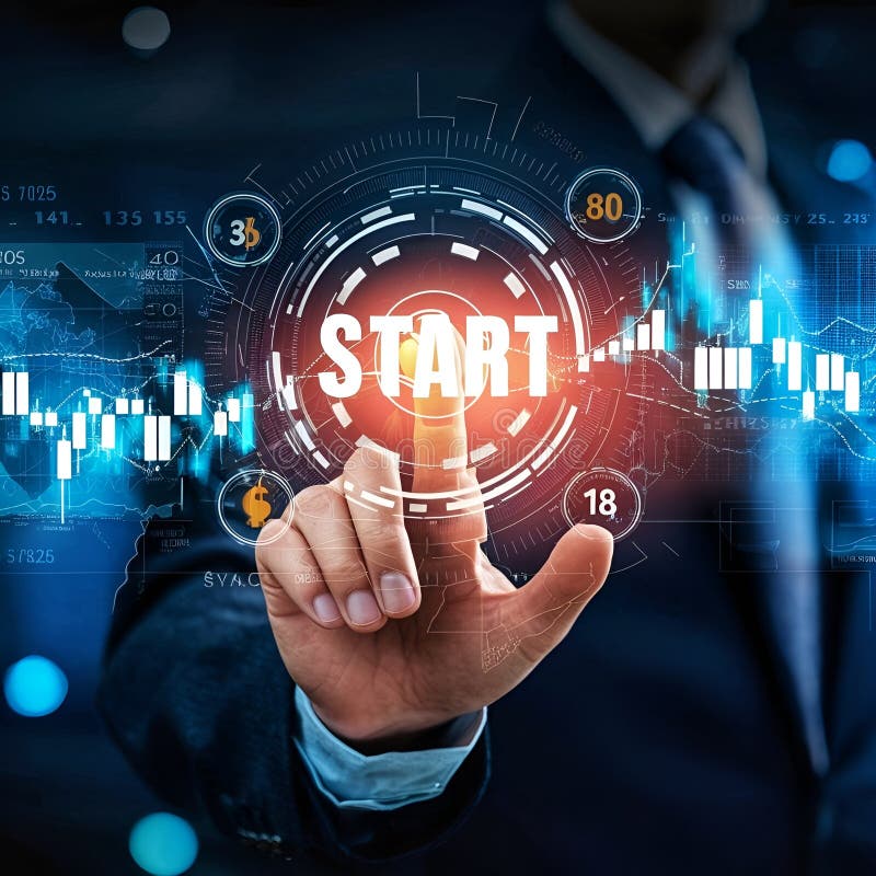 Business People Press the Start? of Business in Digital Format and ...