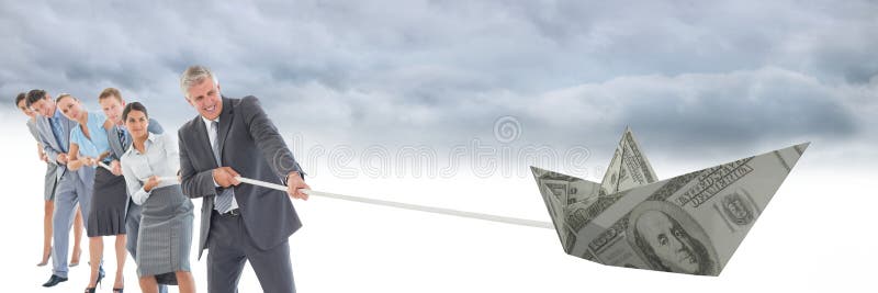 Business People Pulling Paper Money Dollar Boat Stock Image - Image of ...
