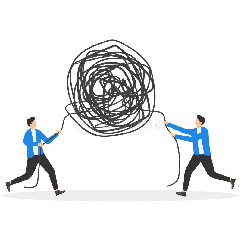 Business People Pulling at Tangled Rope in Opposite Directions. Stock ...