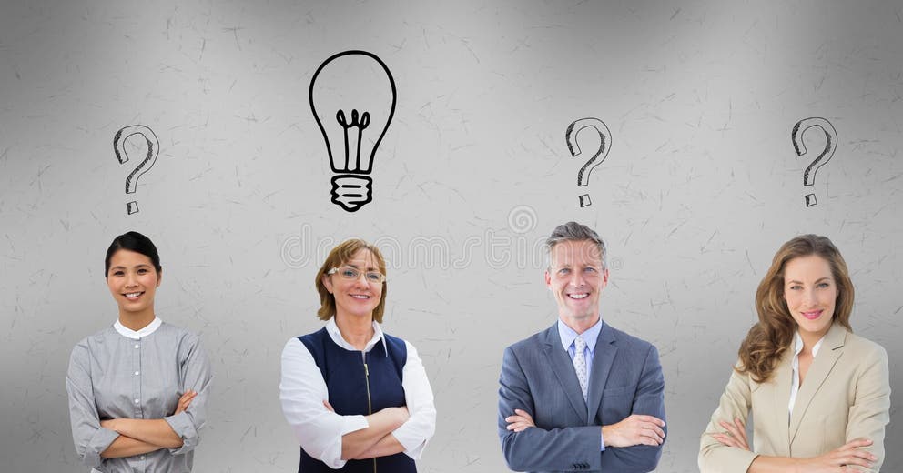 Business People with Question Marks and Light Bulb Graphics Over Head ...