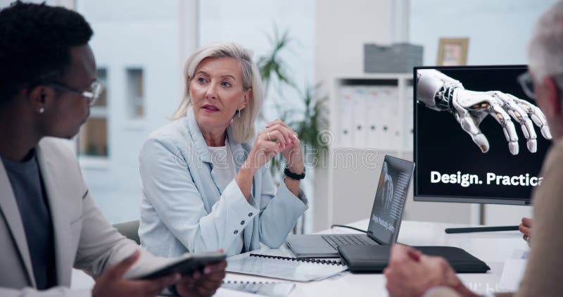 Business People, Robotics and Meeting with Computer Screen for Design ...