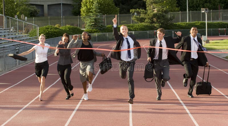 Business People Running Across the Finish Line Stock Image - Image of ...