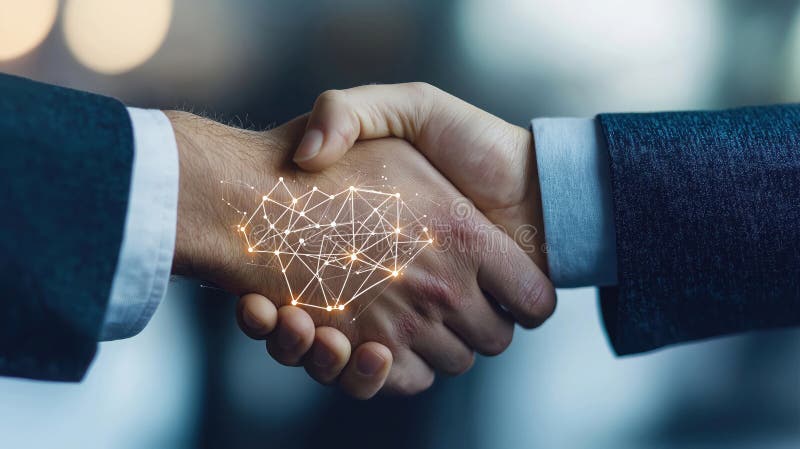 Business People Shake Hands. Tech Connects Hands. Digital Transaction ...