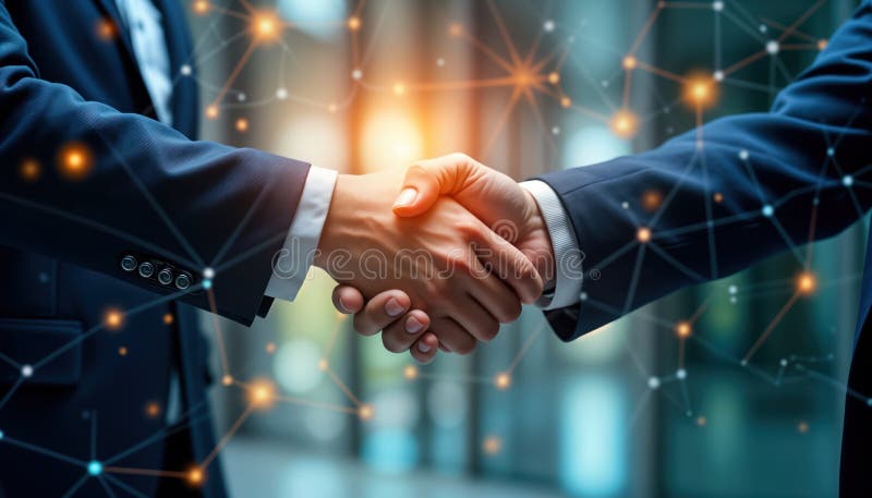 Business People Shake Hands. Tech Partnership in Progress. Modern ...