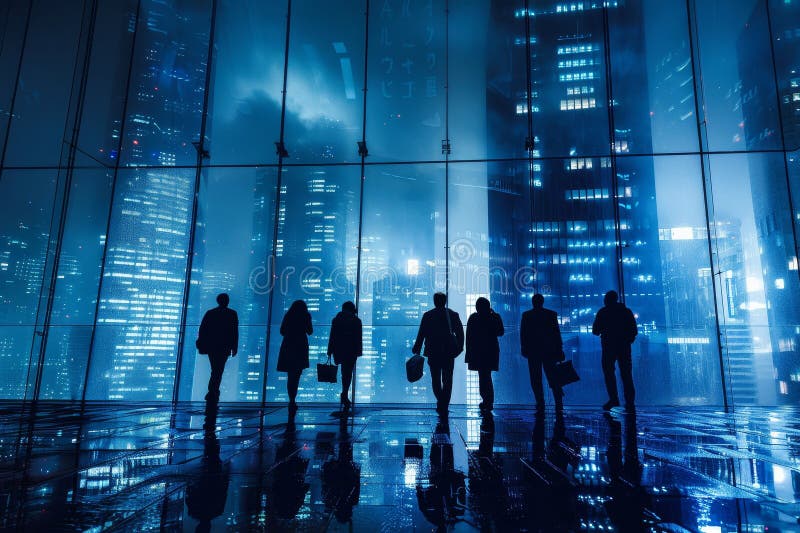 Business People Silhouetted, Standing in Office with Panoramic ...